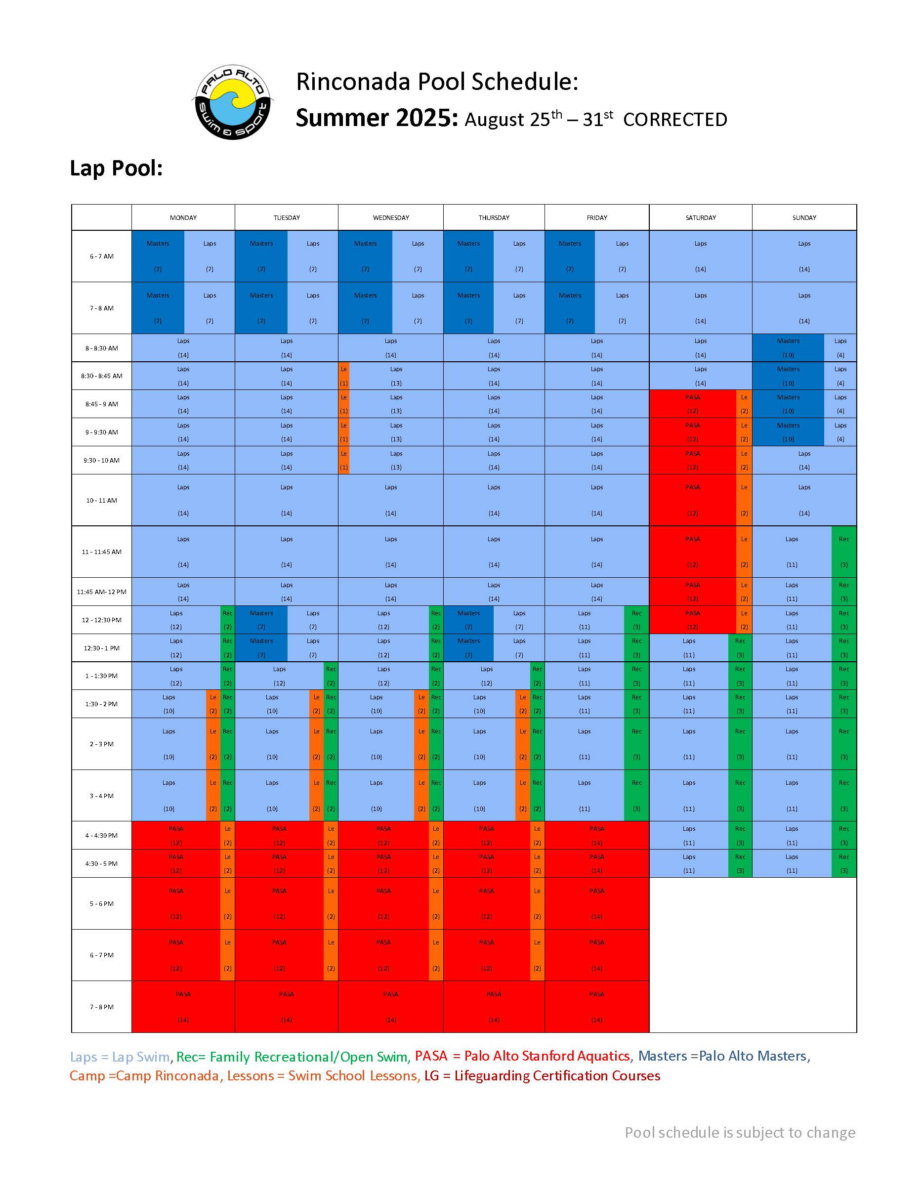 Rinconada Schedule Summer Aug 25-31, 2025 CORRECTED_Page_1 - Palo Alto Swim